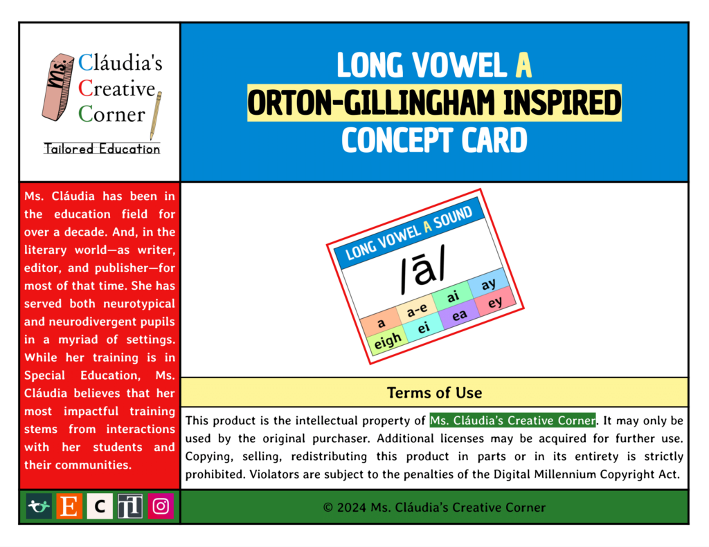 Long Vowel A /ā/ → Orton-Gillingham Inspired Concept Card ...