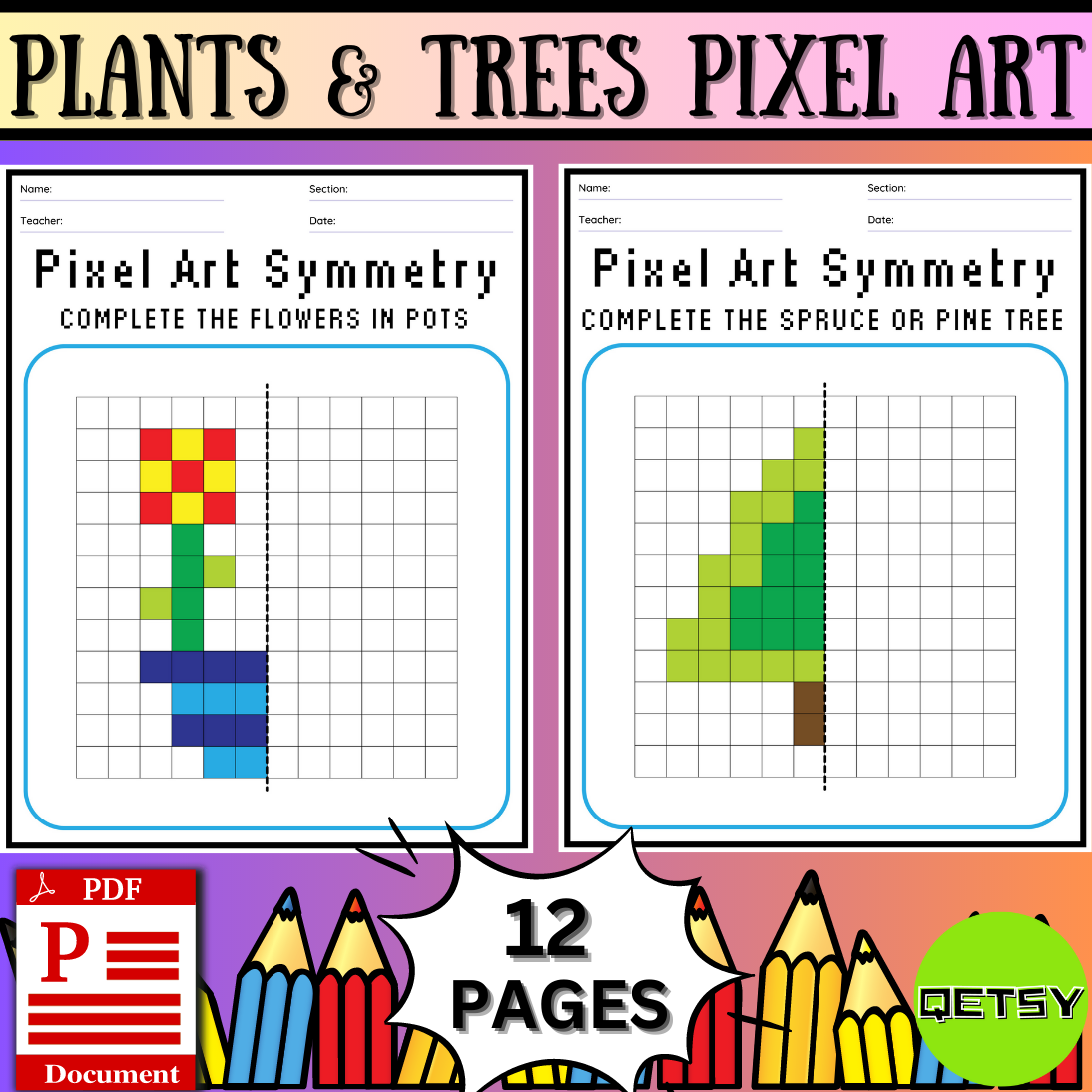 Botanical Brilliance: Plants and Trees Pixel Art Lines Of Symmetry ...