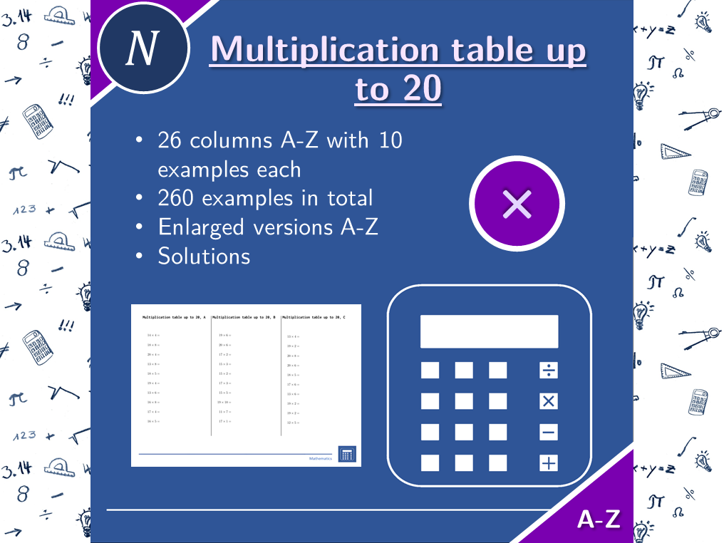 Multiplication table up to 20 | math | 26 columns - TeachersTrading.com